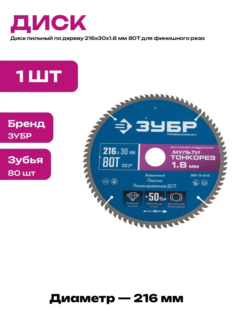 Тонкий пильный диск 216x30 мм 80T для чистого пропила дерева
