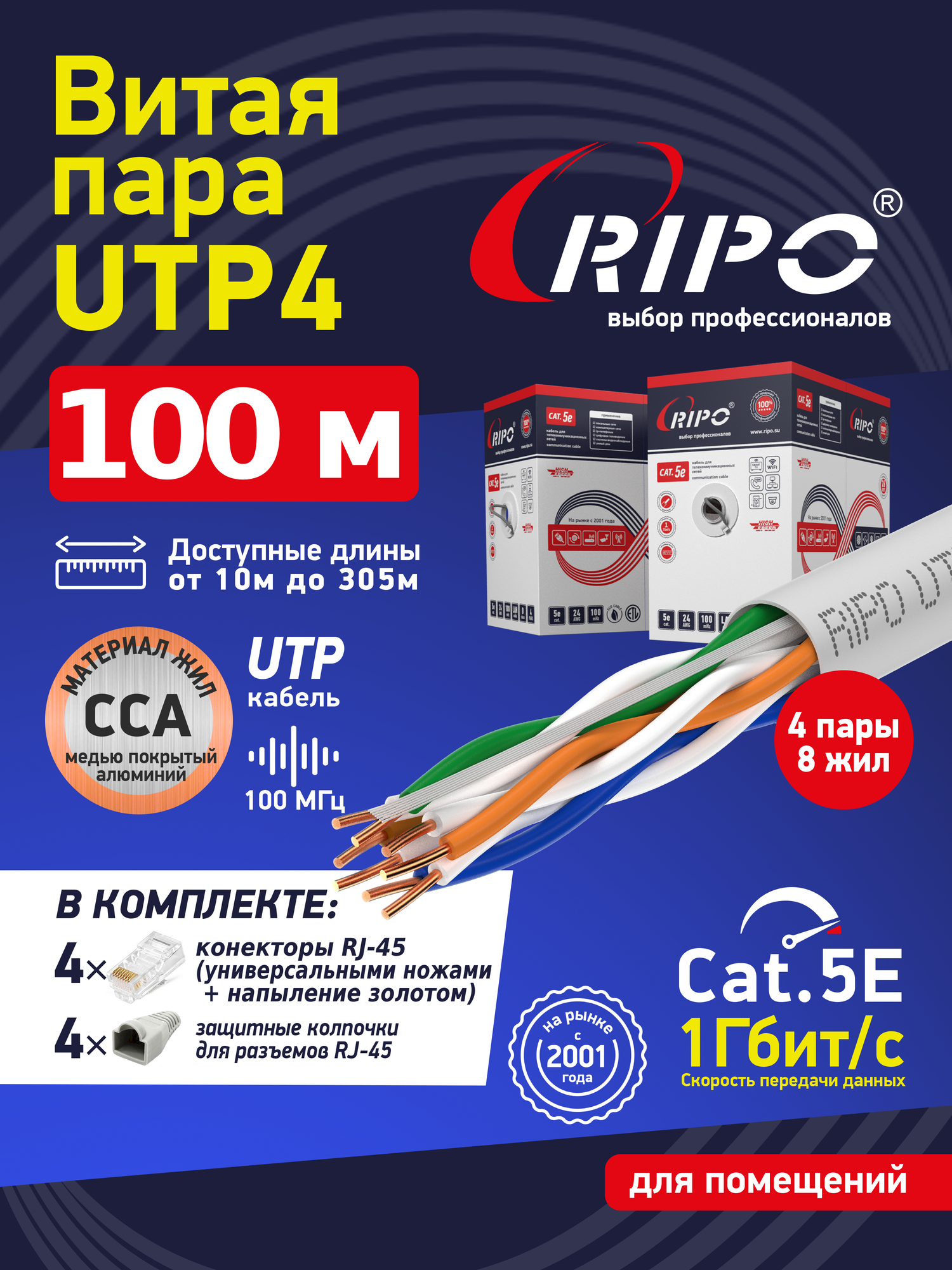 Интернет кабель витая пара LAN UTP4 CAT5E 24AWG, омедненный алюминий, 100 м