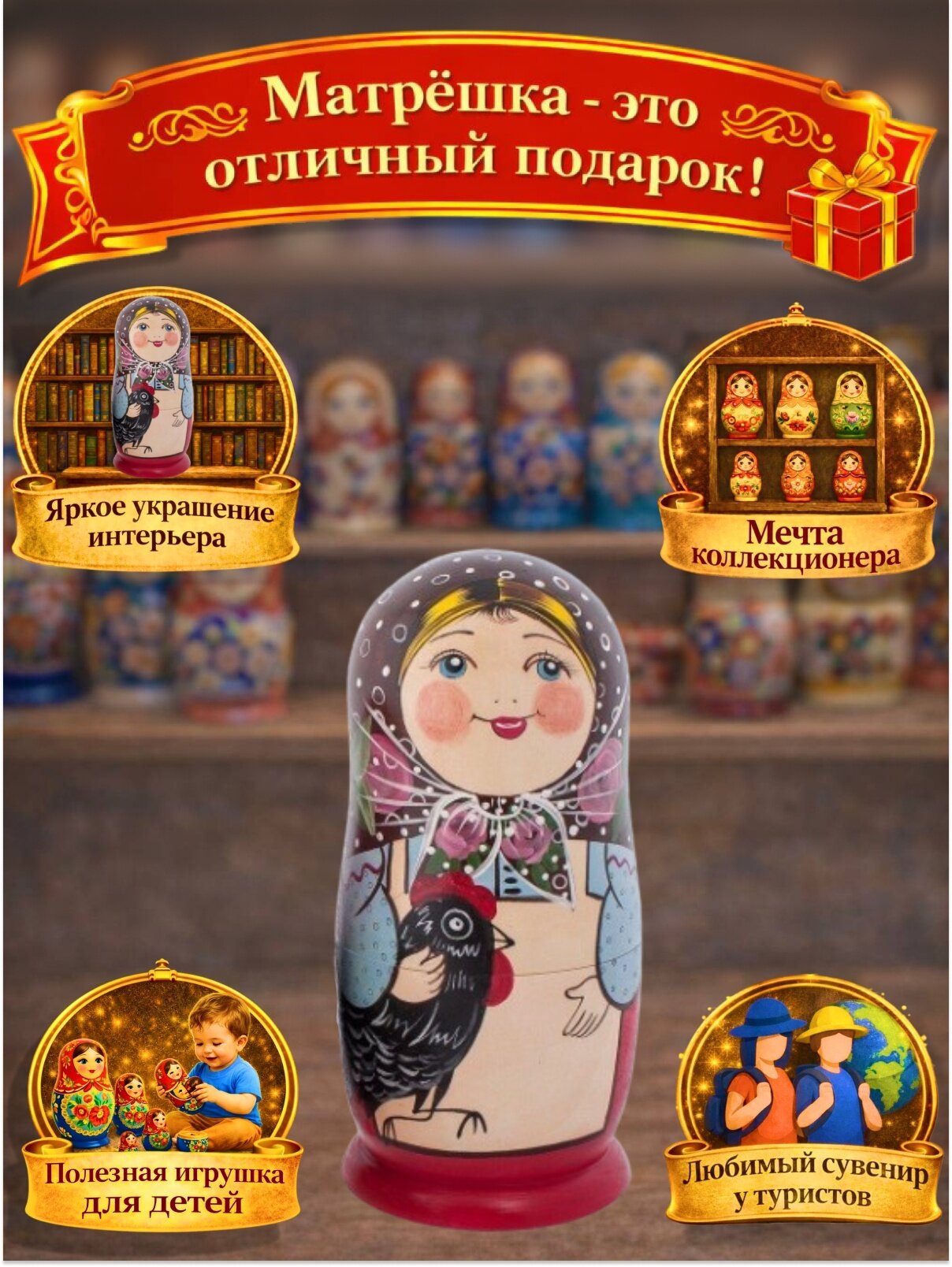 Матрешка Черный петушок — фото 1