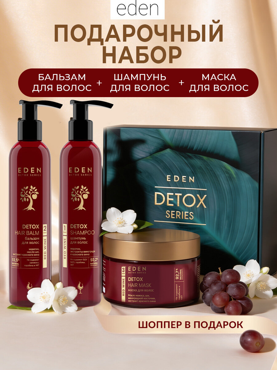 Набор подарочный для волос EDEN DETOX Red Wine шампунь, бальзам, маска