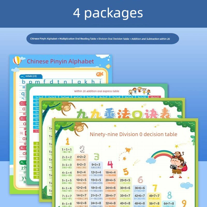 Набор из 4 элементов настенных таблиц с умножением, делением, пиньинем, сложением и вычитанием для детей