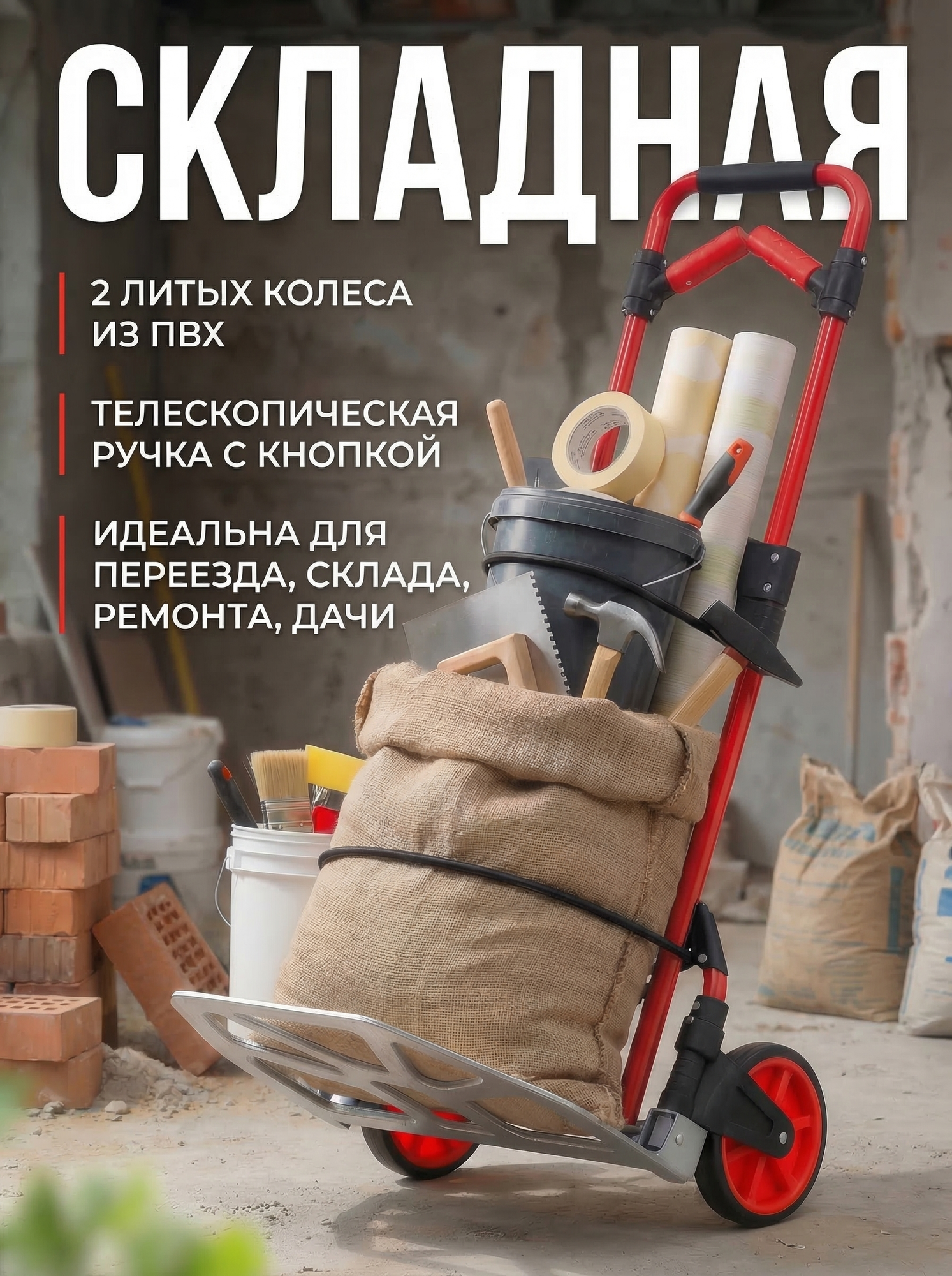 Тележка складная на колесах 150 кг. Красная