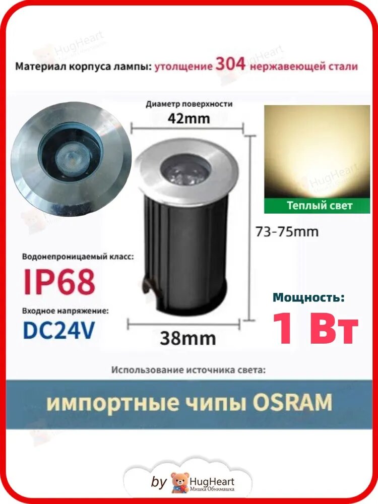 Встраиваемый светильник IP68 нержавеющая сталь, теплый свет 1 Вт OSRAM,24V