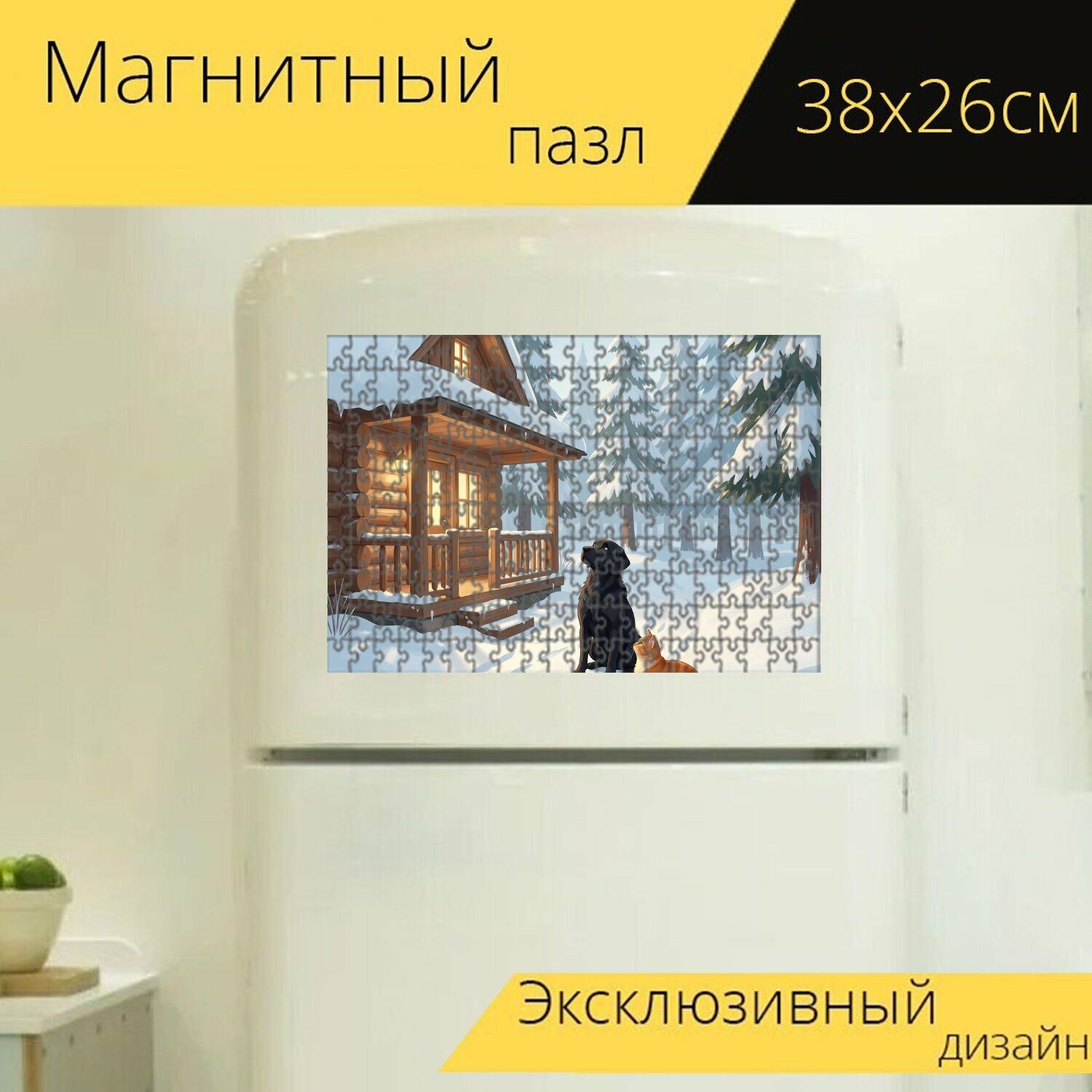 Магнитный пазл "Зимний лес с домиком и питомцами. Уютная деревянная избушка среди заснеженных елей, тёплый свет из окон, на снегу сидят чёрная собака и." для интерьера, 38х26 см.
