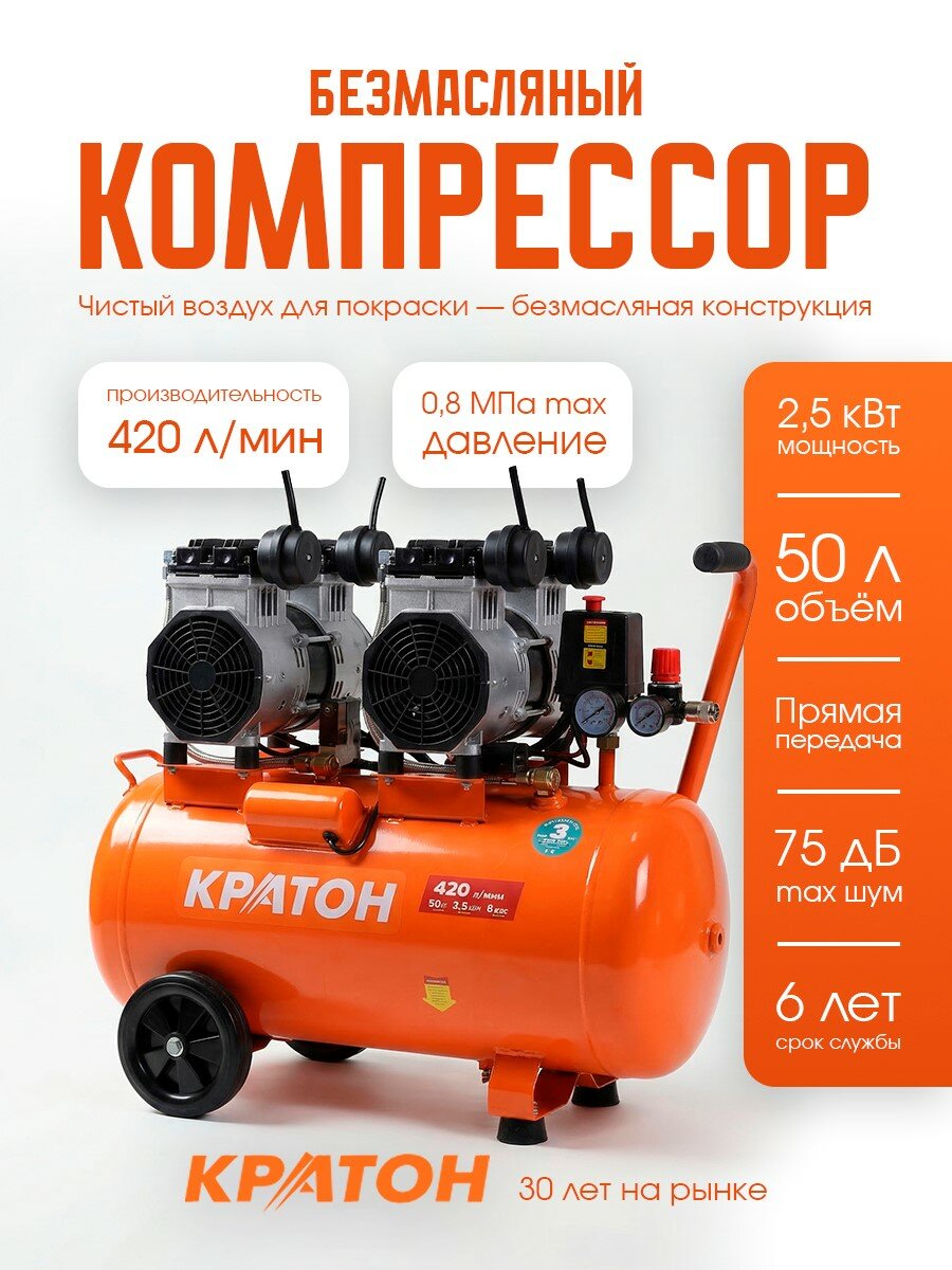 Компрессор воздушный безмасляный 50л 220в Кратон AC-420-50-OFHS, производительность 420 л/мин для гаража, для покраски