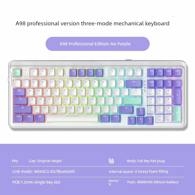 DareU A98 Professional Беспроводная Механическая Клавиатура RGB 97-Клавишная Система Ультрапурпурный Дрема HIFI Axis