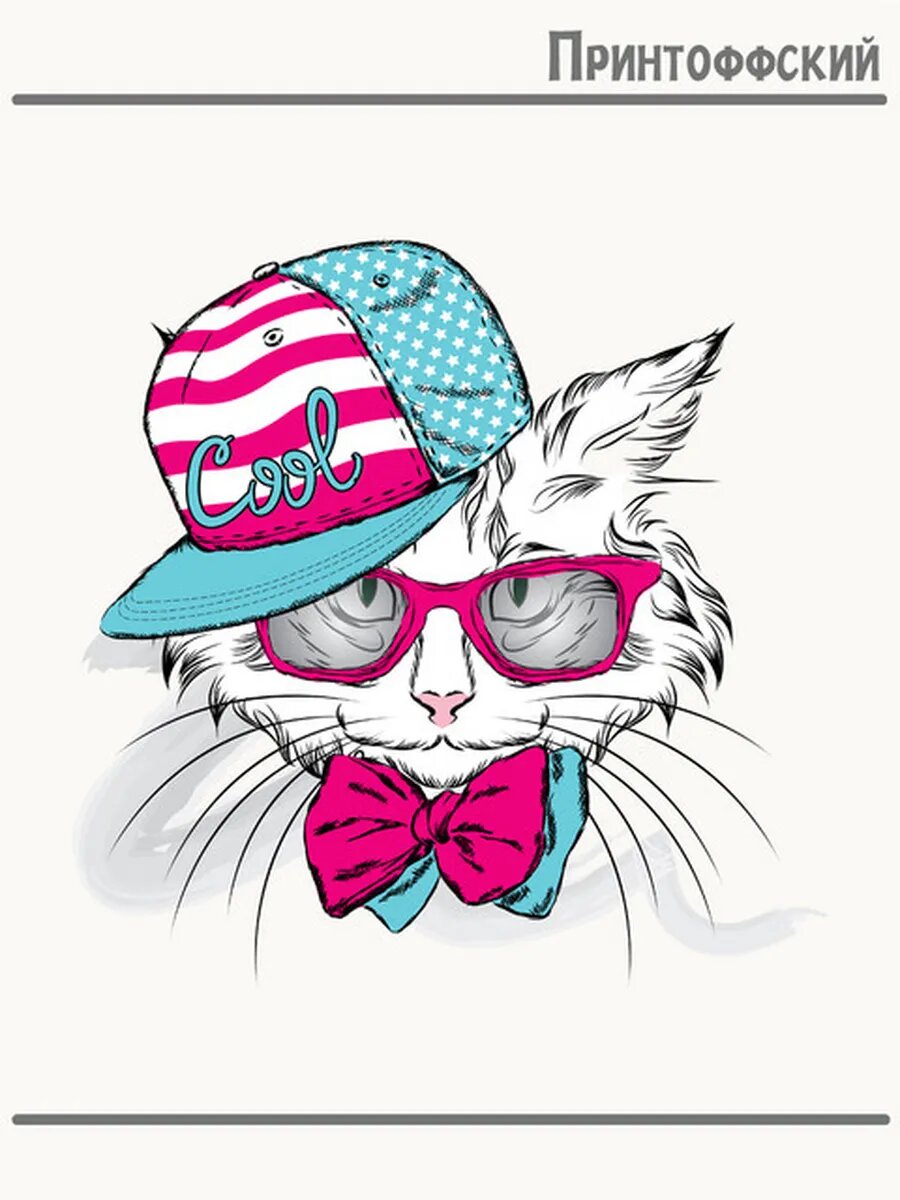 Термонаклейка для одежды и аксессуаров DTF-печать cat животные кот в очках и кепке