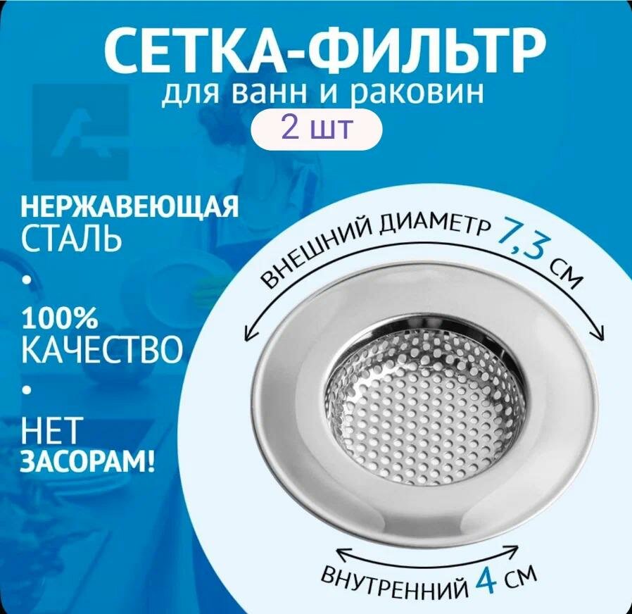 Сетка-фильтр для слива, нержавеющая сталь, встраиваемая, серебристая