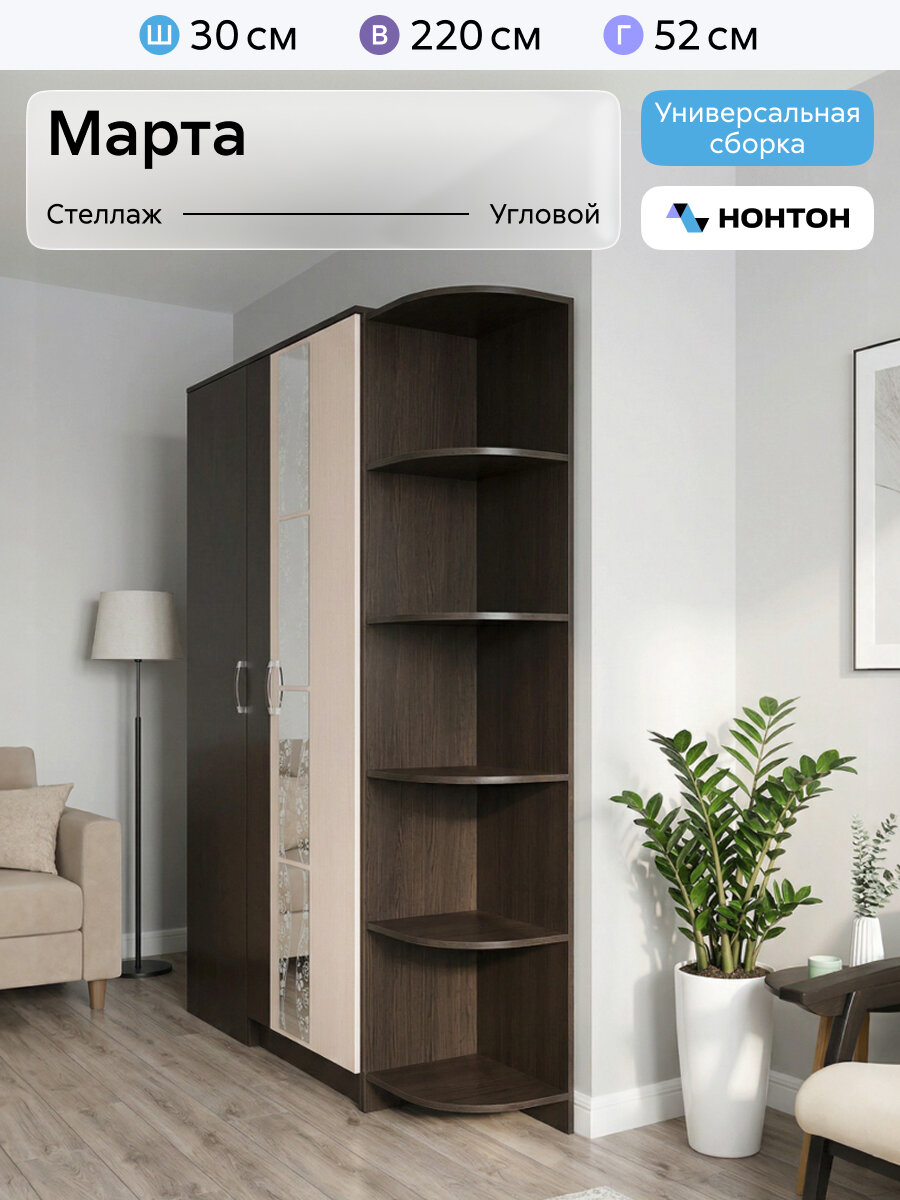 Стеллаж торцевой открытый Нонтон Марта-15, венге, 30х52х220 см