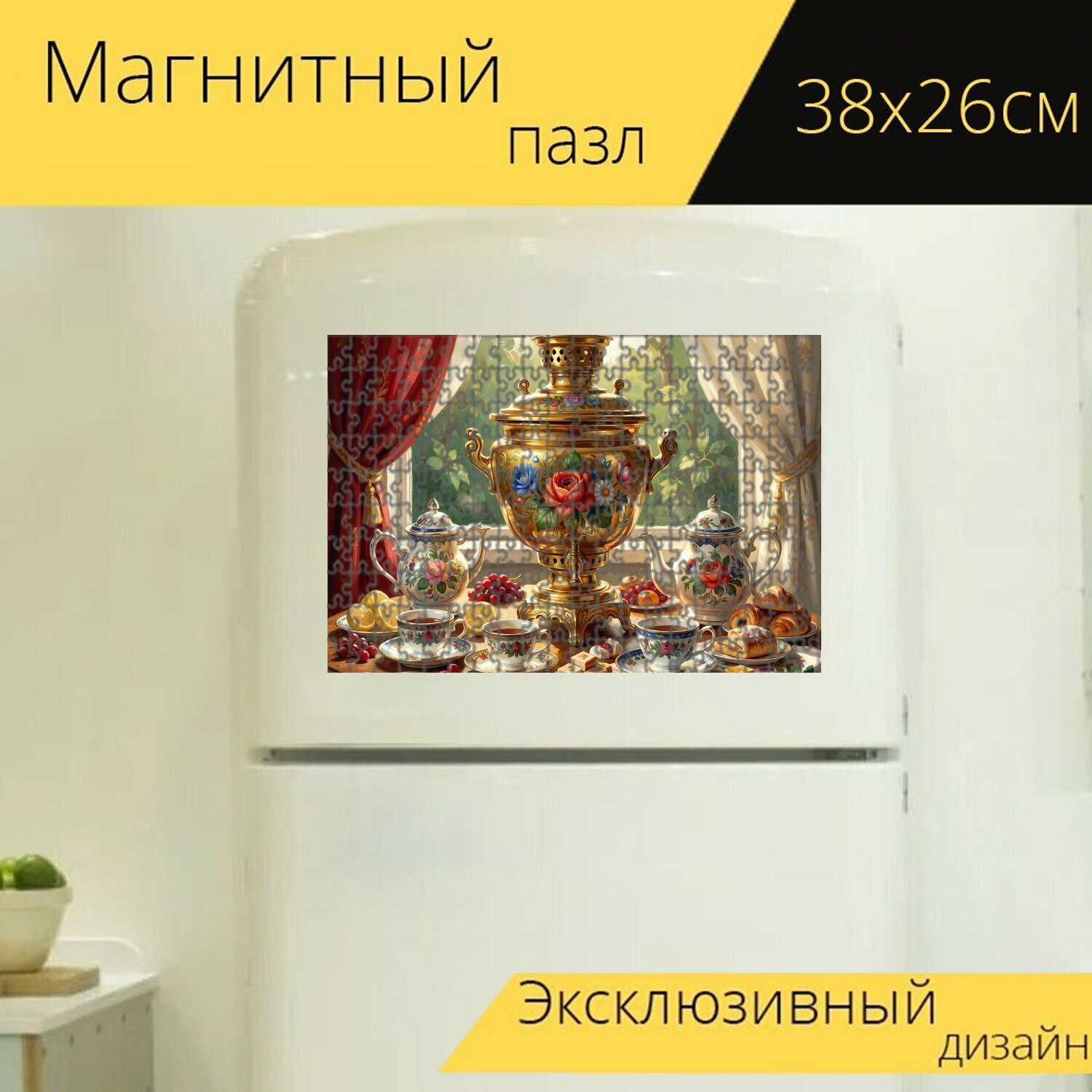 Магнитный пазл "Самовар и чайный стол у окна. Теплый натюрморт в русском стиле: золотой самовар, фарфоровые чайники и чашки, выпечка и фрукты на столе у." для интерьера, 38х26 см.