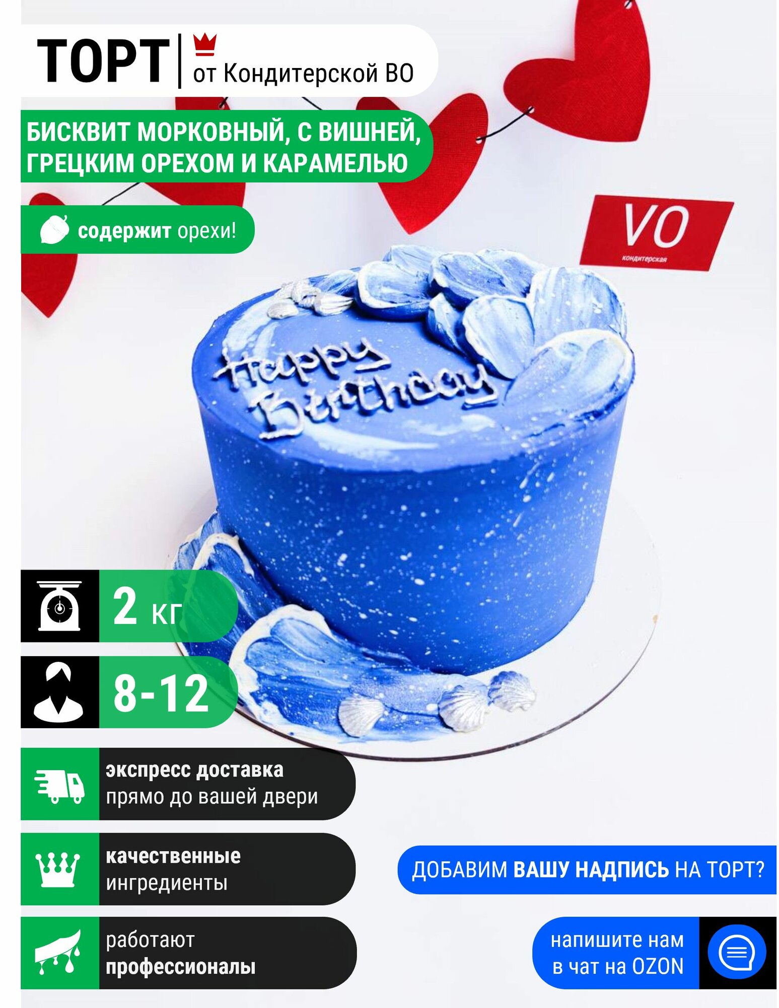 Подарочный торт с декором из волн синего цвета "Волна", 2 кг с фантастической начинкой (бисквит с морковью, имбирем, мускатным орехом, корицей, с вишневой начинкой и грецким орехом с карамелью)