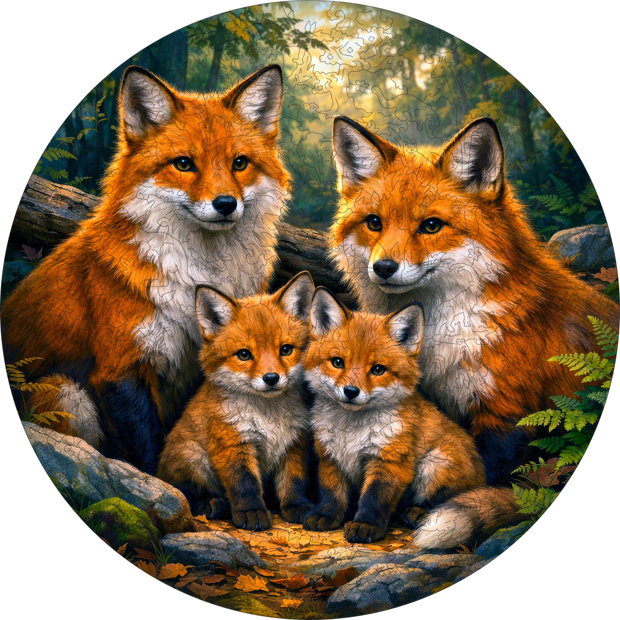 Деревянный пазл "Семья лисиц с двумя лисятами" / 30х30см, 220 деталей / Подарок для взрослых и детей