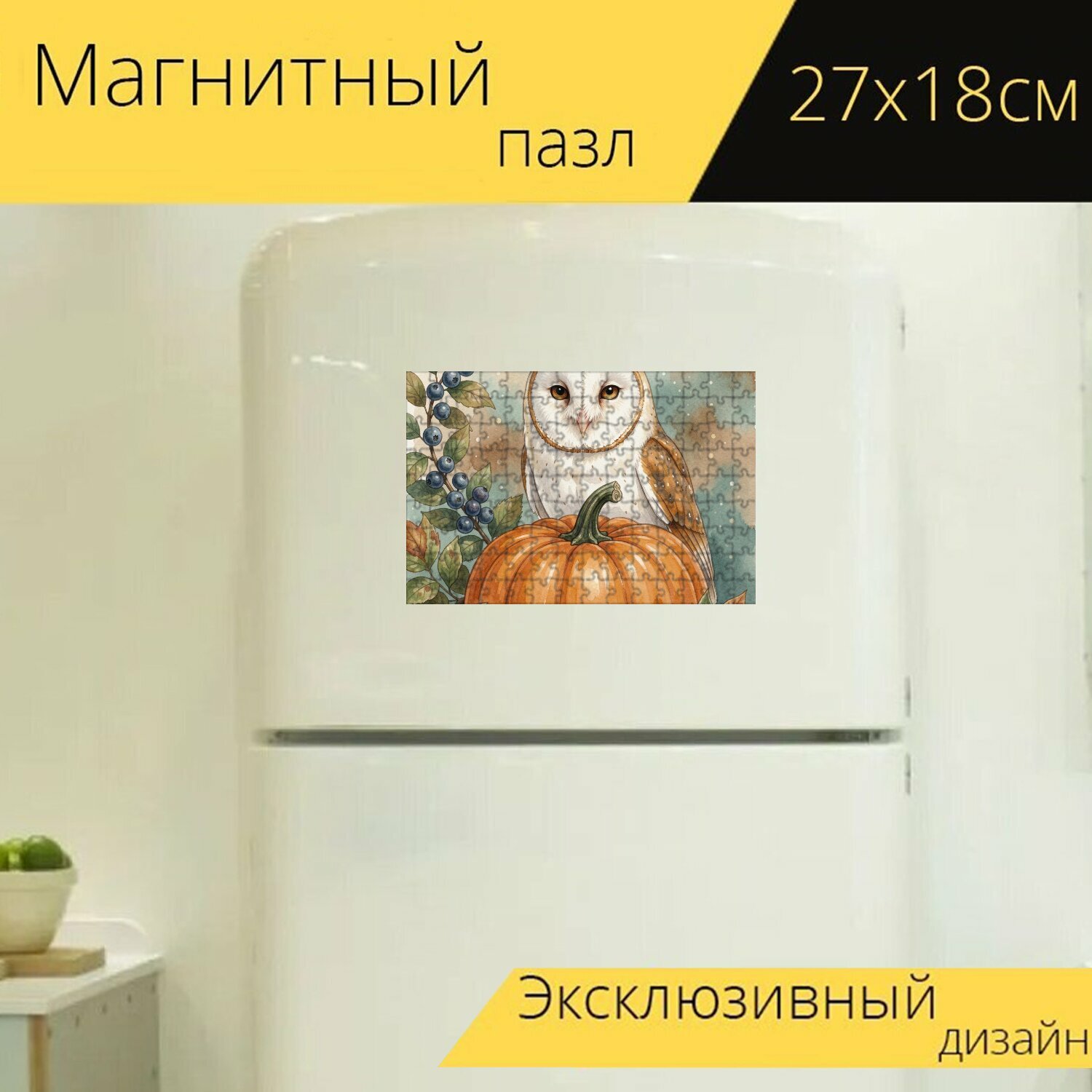 Магнитный пазл "Сова на тыкве с ягодами. Осенняя композиция в нежной акварельной манере: бело-рыжая сова, крупная оранжевая тыква, ветви с синими ягодами." на холодильник 27 x 18 см.