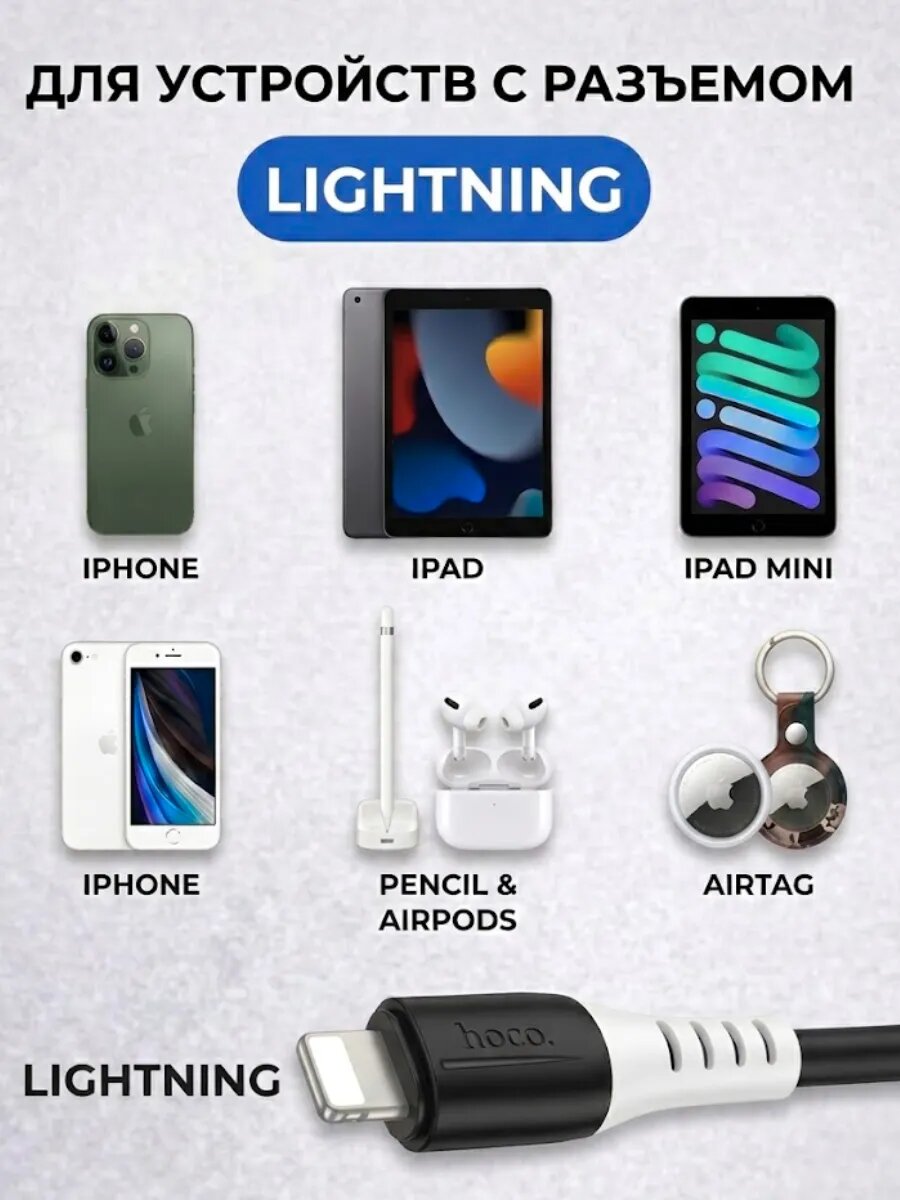 Кабель быстрой зарядки, для iPhone, USB-Lightning, Hoco X82, длина 1 м, огнестойкий, чёрный — фото 1