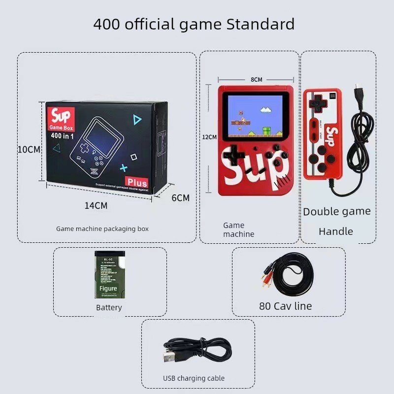 Ретро портативная игровая консоль с 400 встроенными играми, перезаряжаемая, двух игроков, красный цвет - классическое
