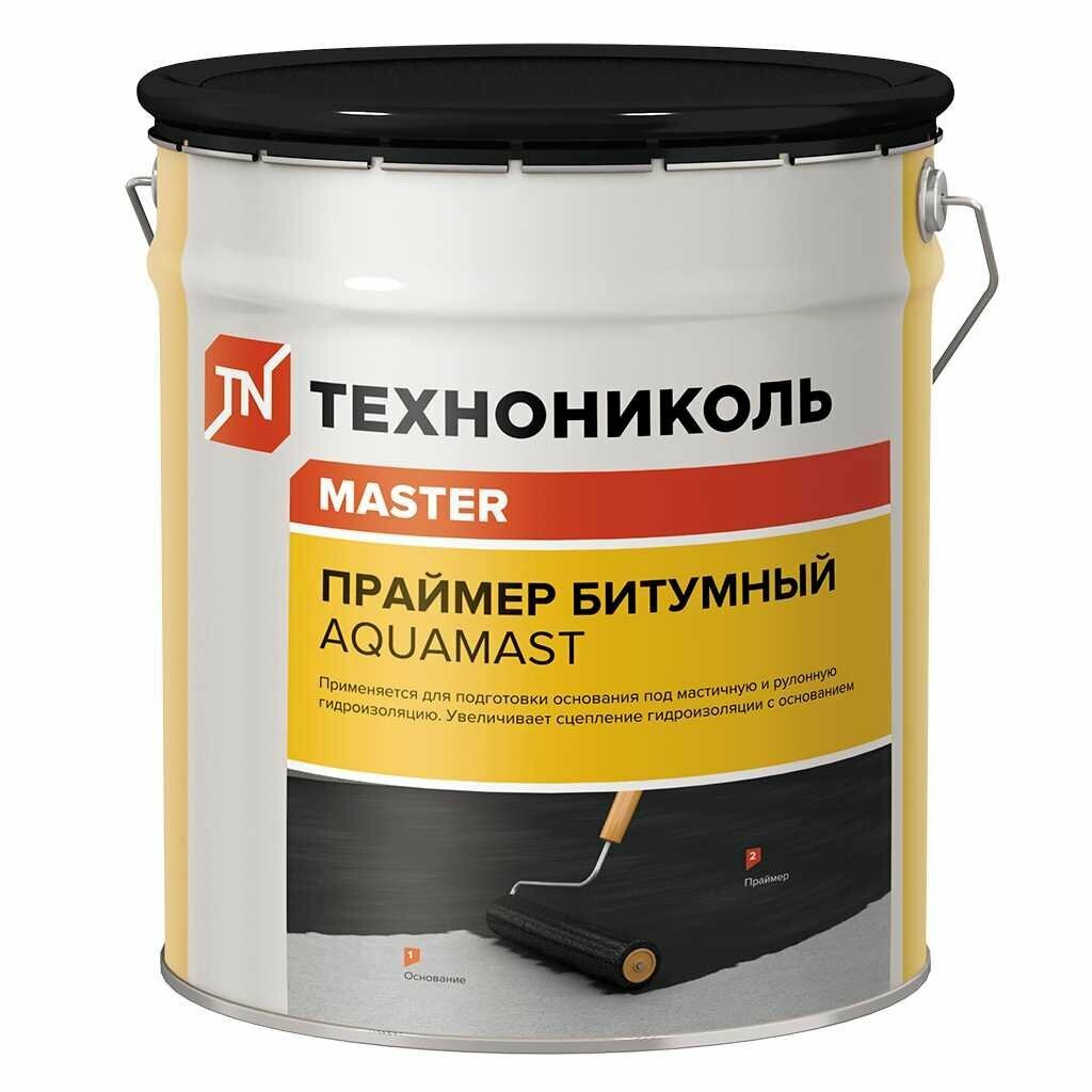 Праймер битумный Технониколь AguaMast 18 л (16 кг) для внутренних и наружных работ по бетону, черный, профессиональный