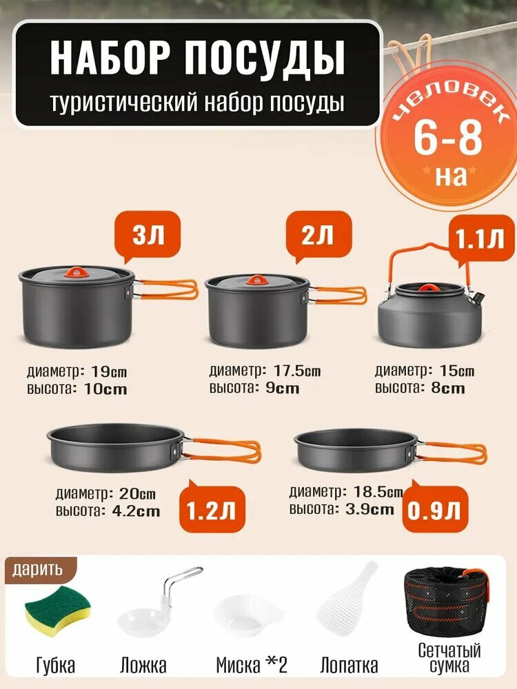 Набор посуды туристический походный для пикника, туризма, кемпинга на 6-8 персоны