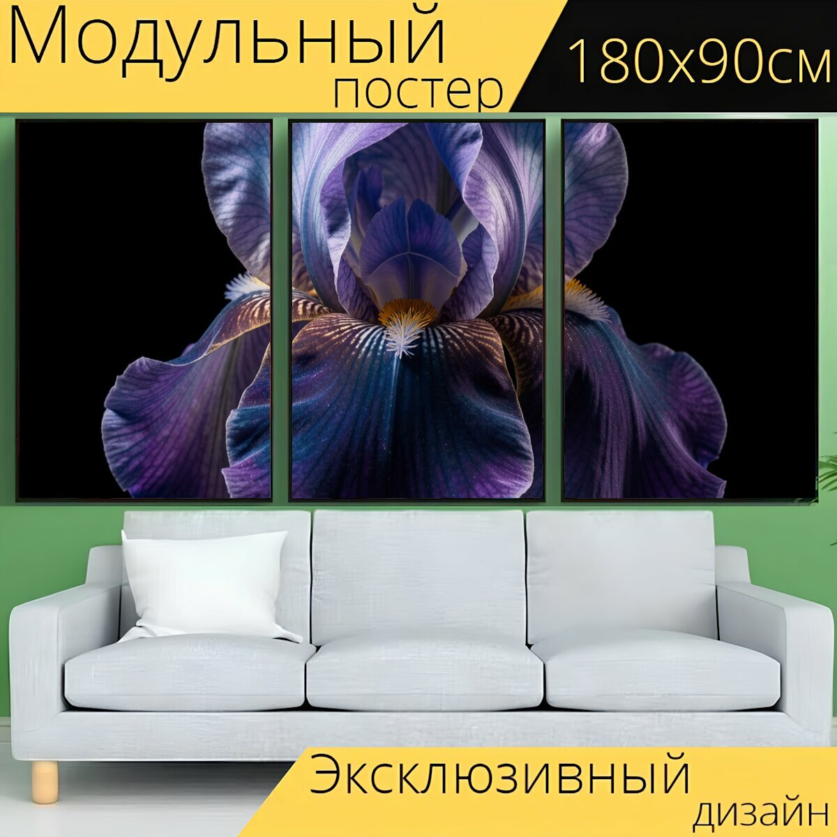 Модульный постер "Фиолетовый ирис на черном фоне. Крупный план изящного цветка в макросъемке: бархатные лепестки лиловых, синих и." 180 x 90 см. для интерьера на стену в тубусе