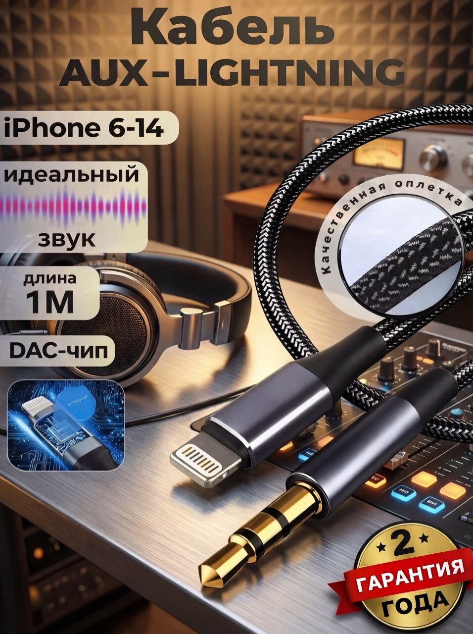 AUX кабель переходник, AUX-Lightning, черный в нейлоновой оплетке