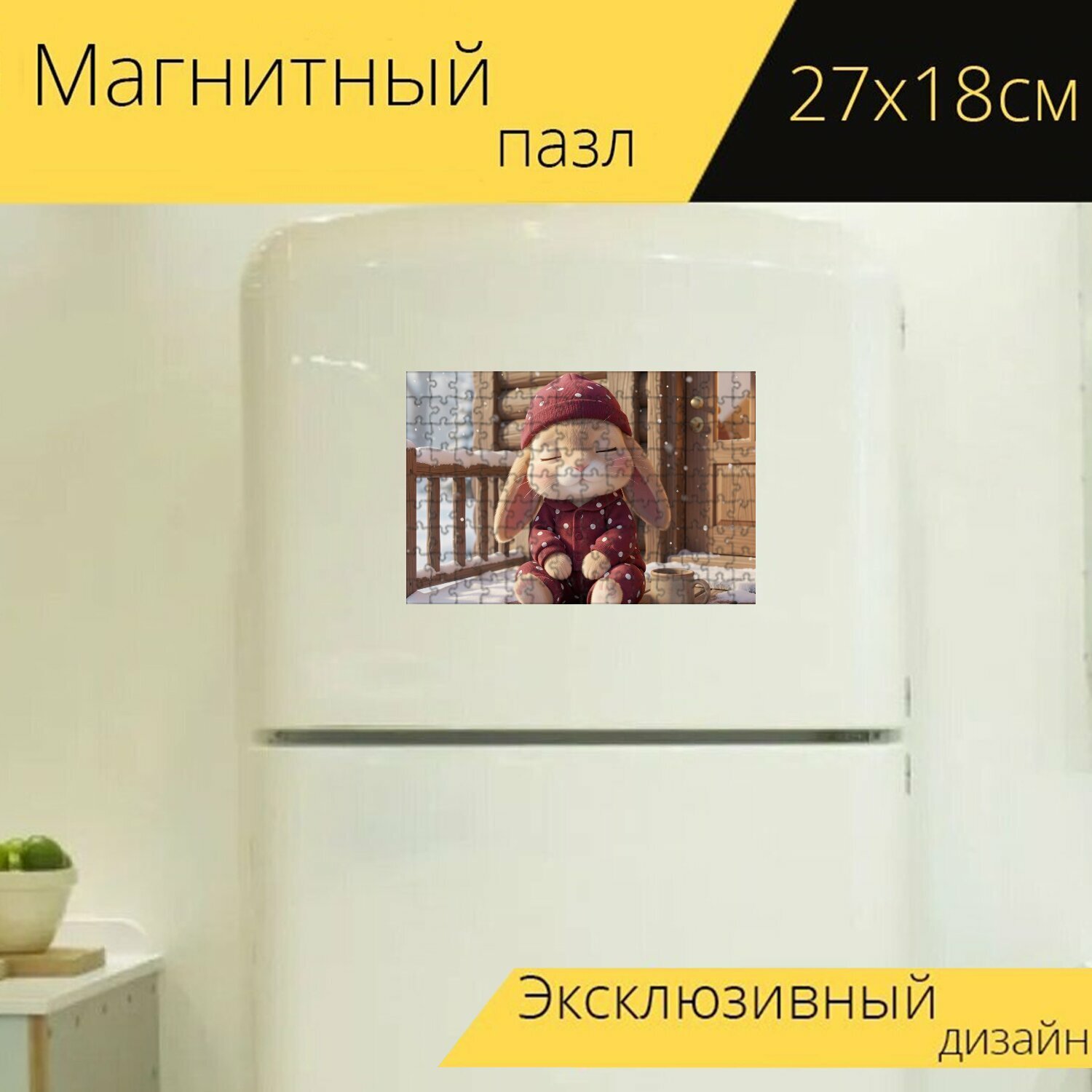 Магнитный пазл "Зайчонок в зимней пижаме. Милый кролик с закрытыми глазами в бордовом комплекте в горошек сидит на заснеженном деревянном крыльце у." на холодильник 27 x 18 см.