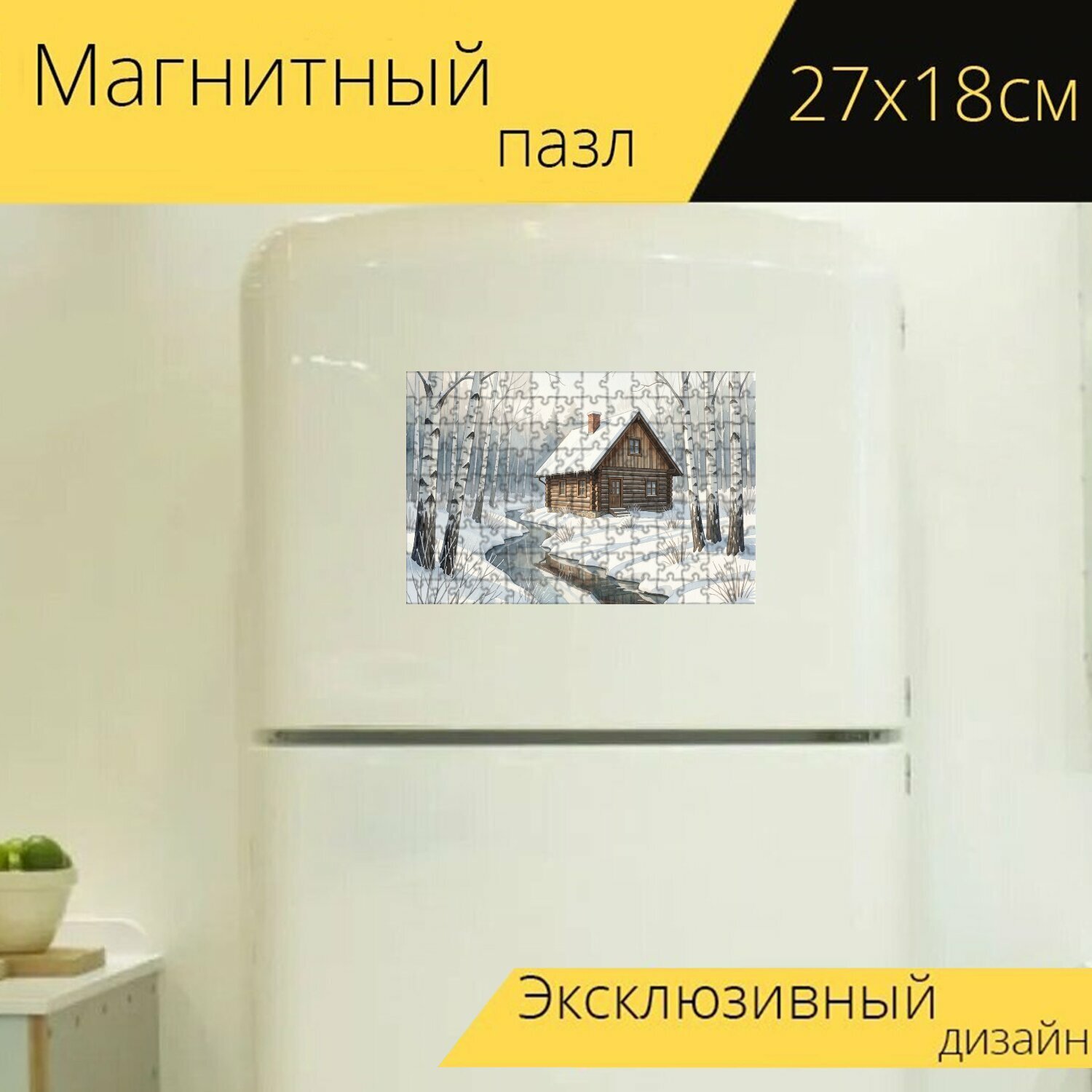 Магнитный пазл "Зимняя избушка у ручья. Уютный деревянный домик среди березового леса, снежный пейзаж с тихим потоком, акварельная иллюстрация в мягких." на холодильник 27 x 18 см.