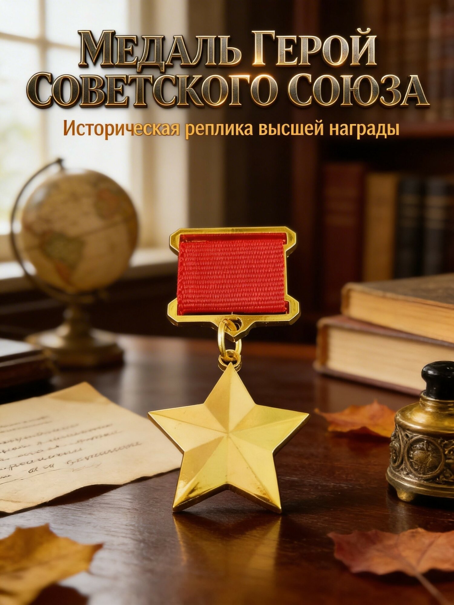 Медаль Герой Советского Союза, точная реплика золотой пятиконечной звезды на красной муаровой ленте для коллекции и патриотических мероприятий