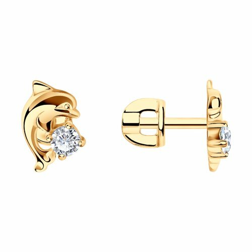 Серьги пусеты The Jeweller, серебро, 925 проба, золочение, фианит