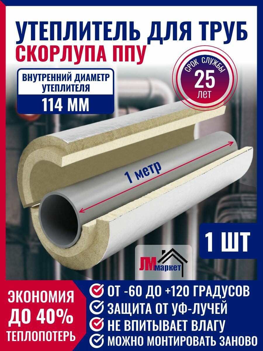 Утеплитель для труб, фольгированный, скорлупа ППУ, для трубы с внешним диаметром 114 мм.