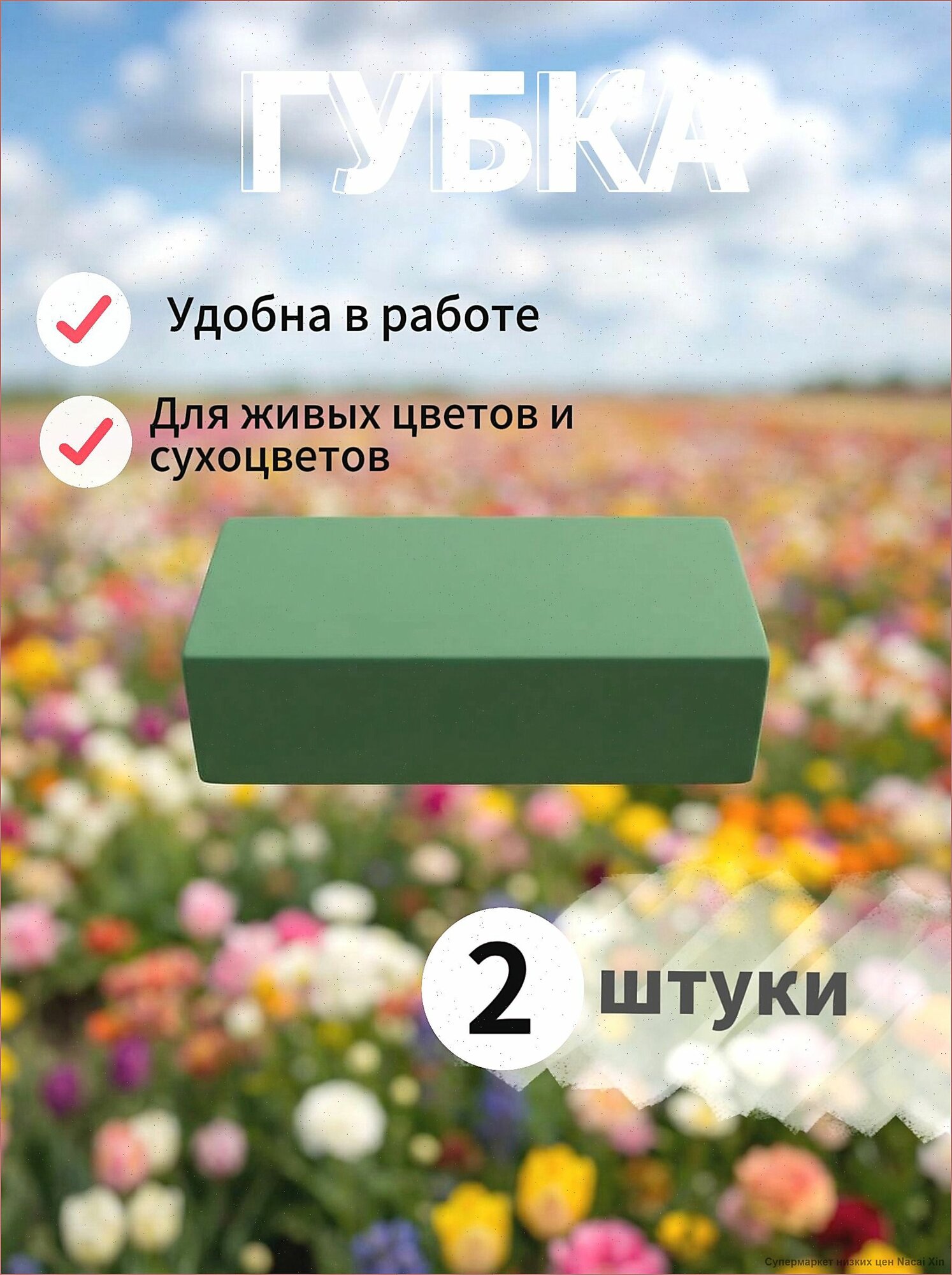Губки для цветов, 2 шт, зеленый, длина 22,5 см, для взрослых