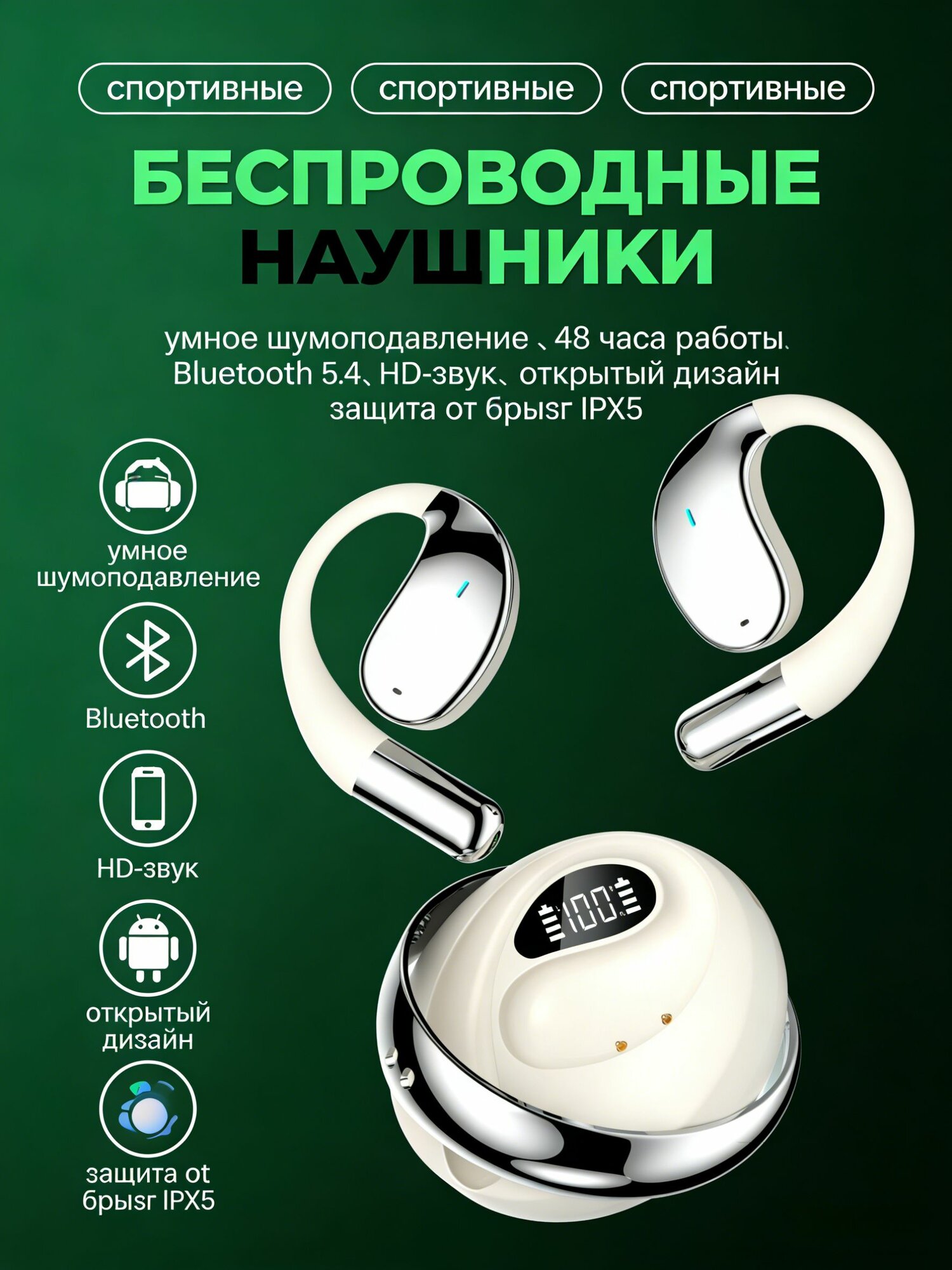 Премиум качество Наушники беспроводные, спортивные, с шумоподавлением, крепление на ухе, внутриканальные