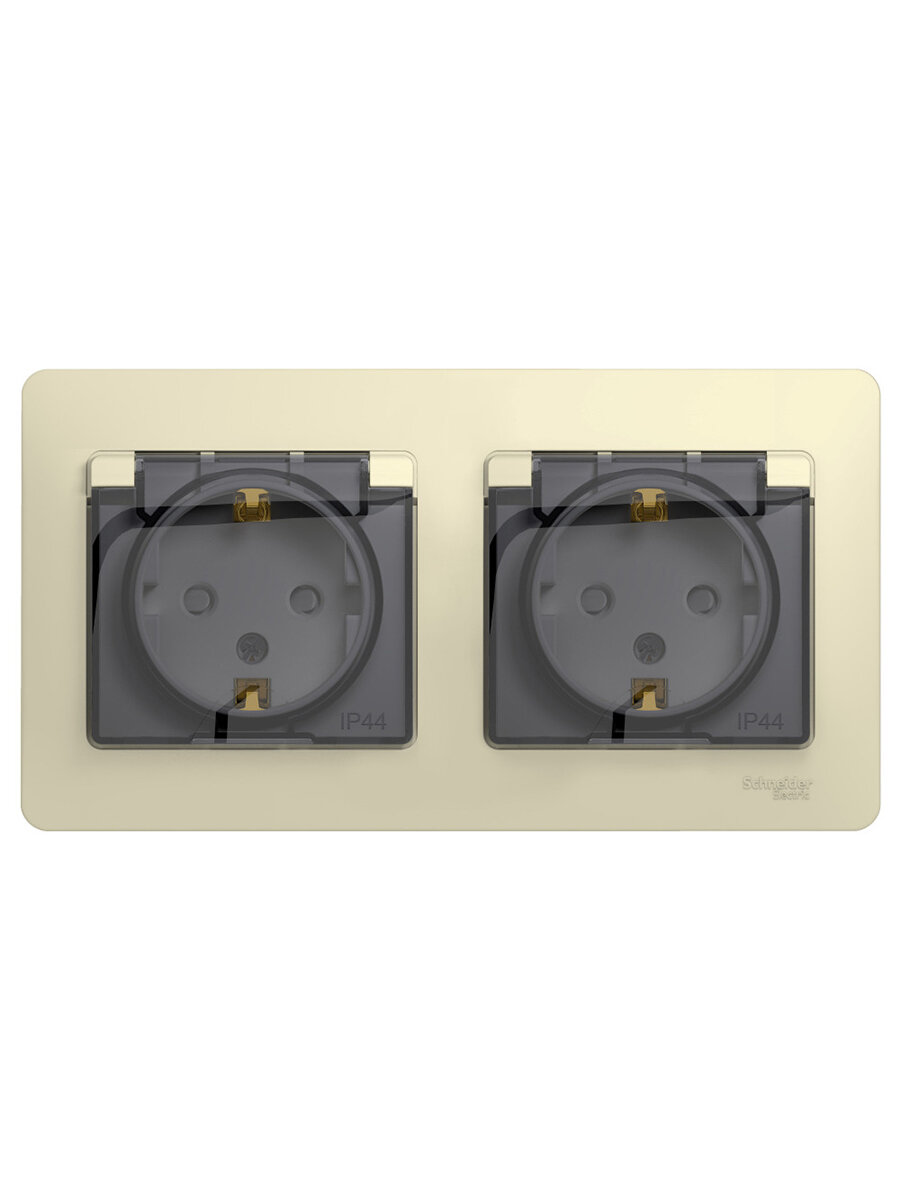 Розетка двухпостовая Systeme Electric Glossa с заземлением, со шторками, в сборе, IP44, бежевый GSL000247 (комплект из 3 шт.)