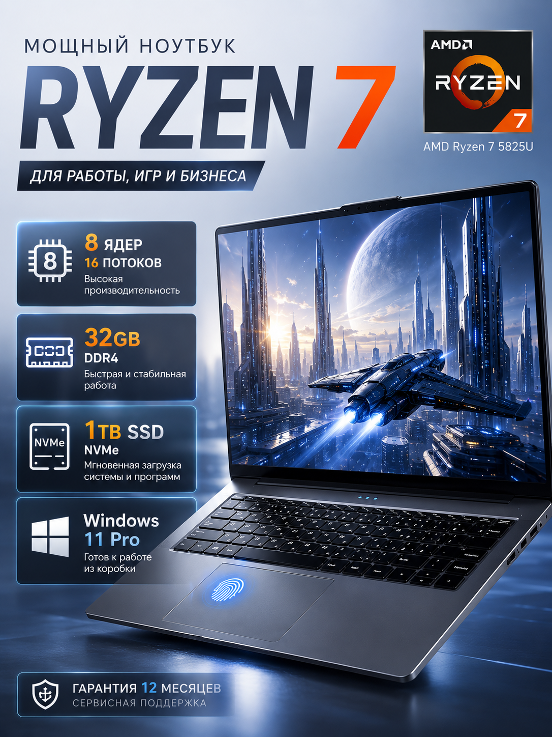 Ноутбук AMD Ryzen 7 5825U, 32 ГБ RAM, 1 ТБ SSD, Windows 11 Pro, мощный ноутбук для работы и игр