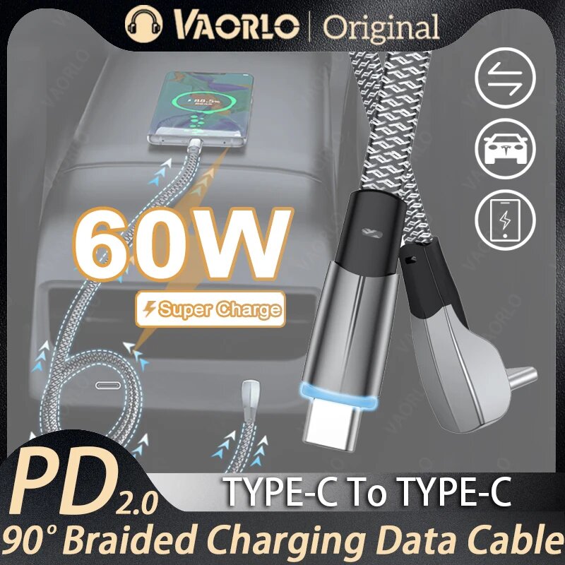 Кабель Для Быстрой Зарядки VAORLO PD 60W, 90 Градусов, USB-C На USB-C, Для Tesla, Samsung, Xiaomi — фото 1