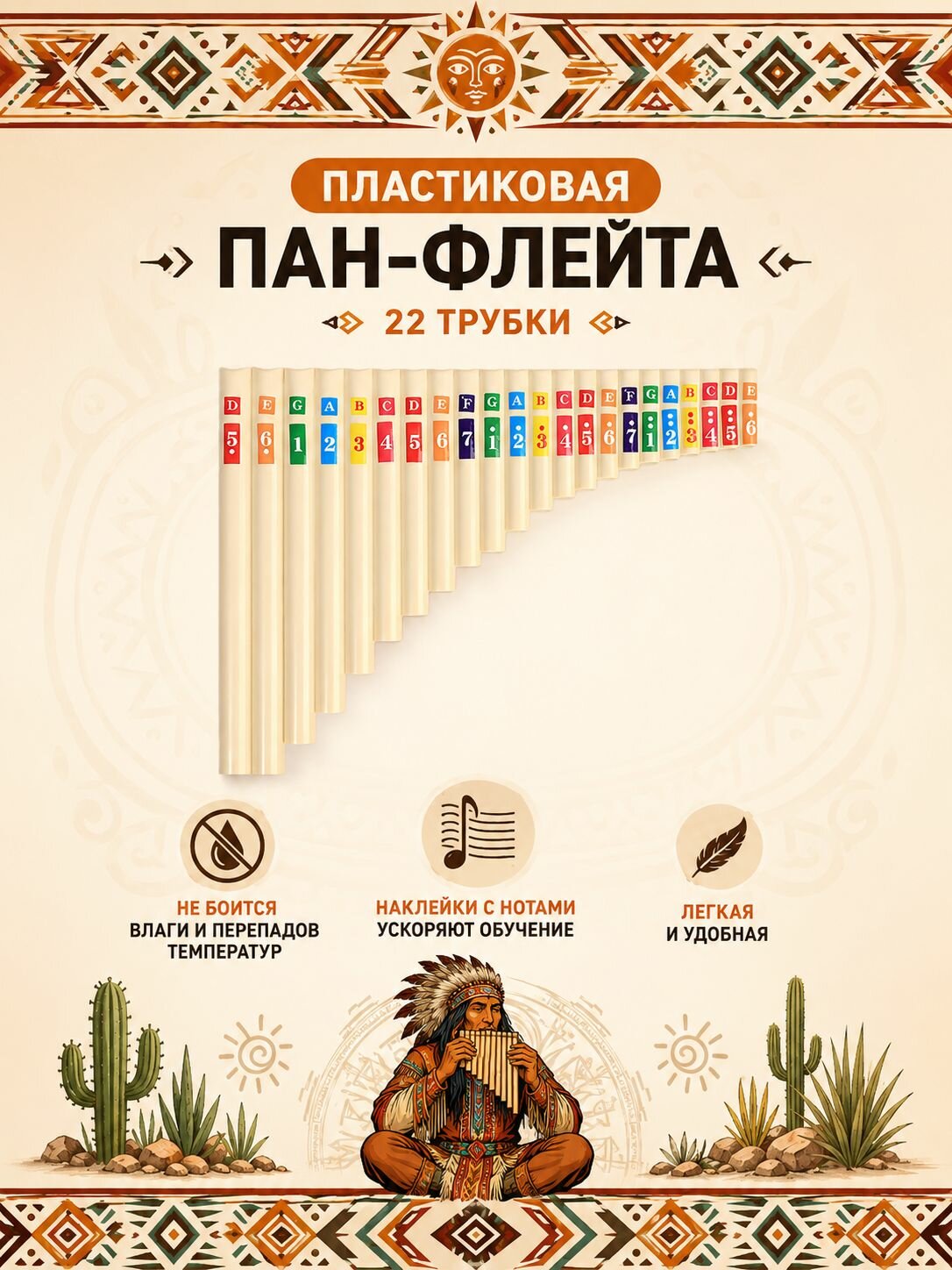 Пан-флейта пластиковая (22 трубки), бежевая, с чехлом и нотными наклейками
