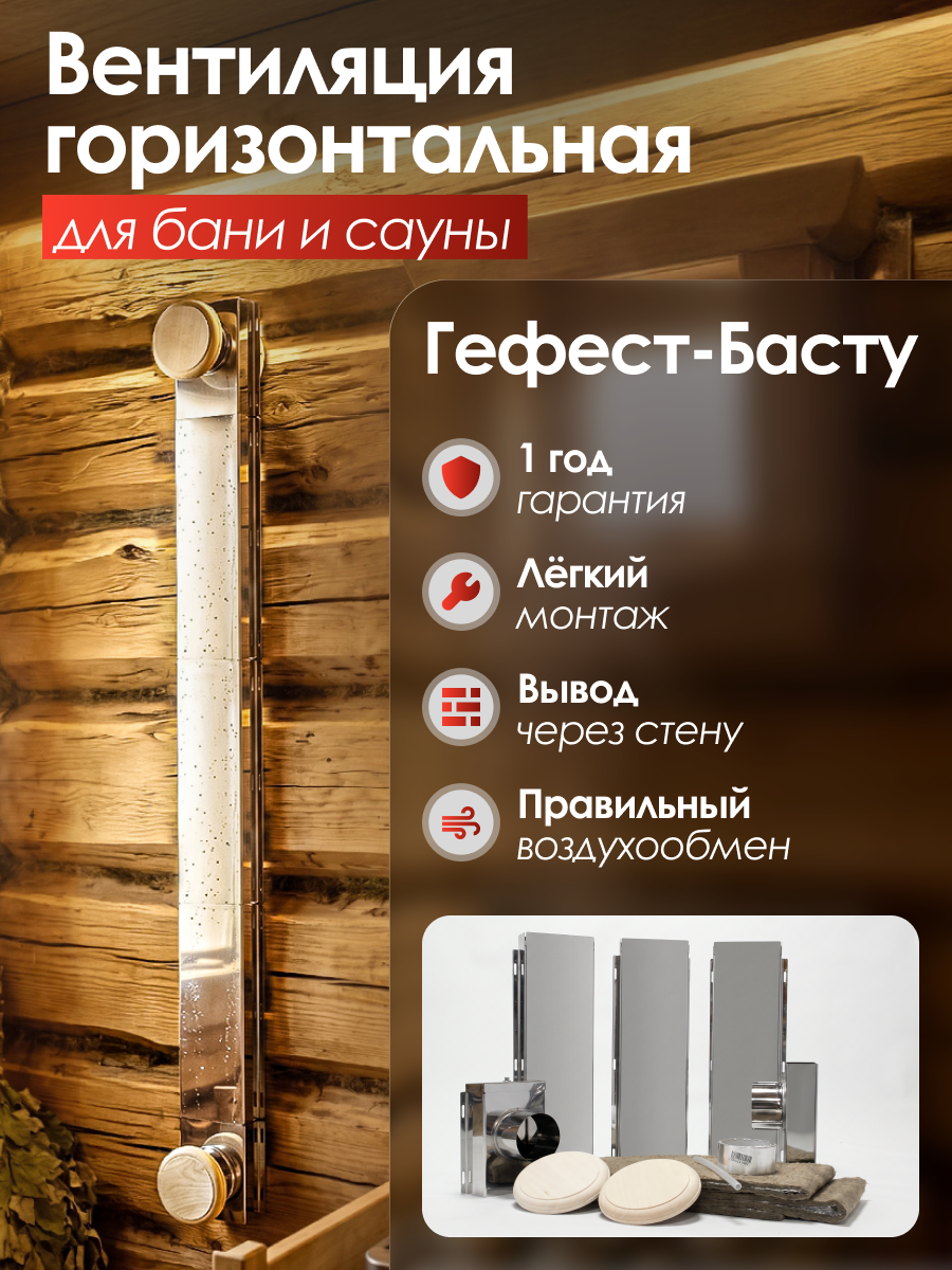 Вентиляция горизонтальная для бани и сауны Гефест басту, нержавеющая сталь