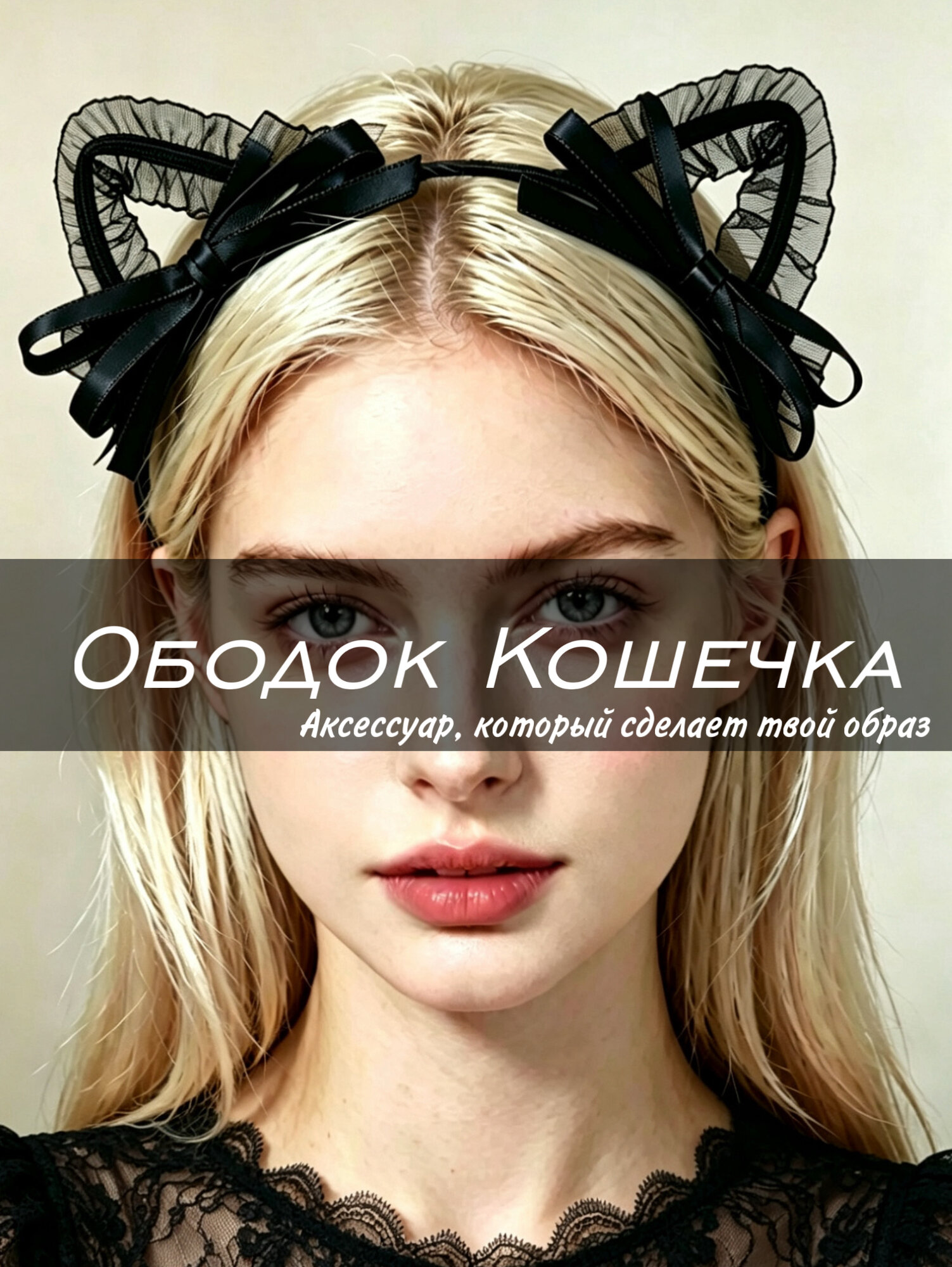 Ободок на металлической основе с ушками и бантиками кошки 1 штука