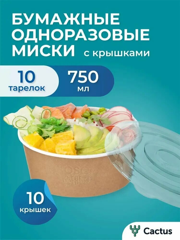 Тарелки одноразовые бумажные глубокие с крышкой 10 штук, Cactus