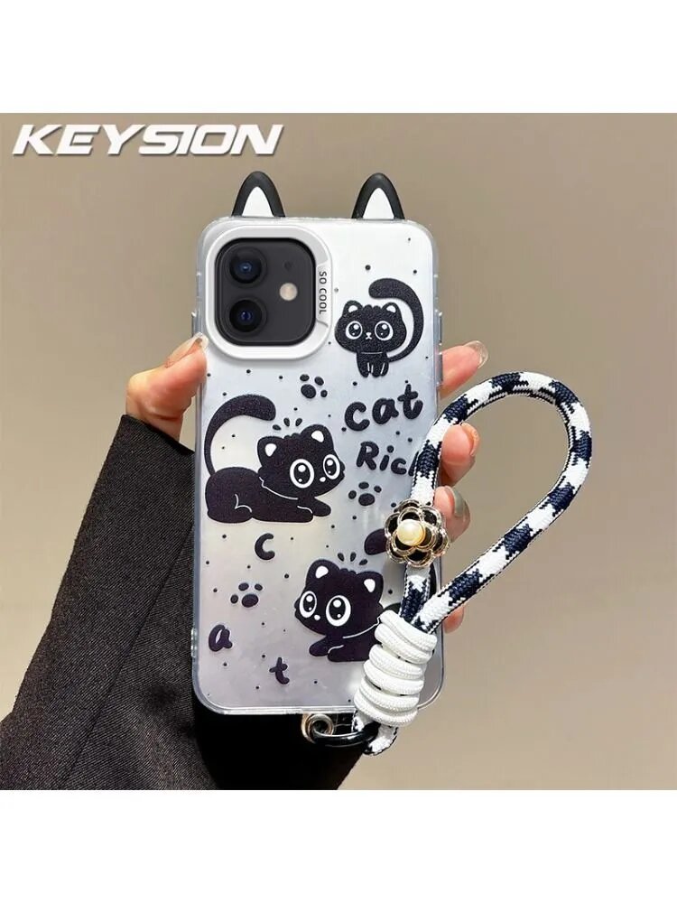 Чехол KEYSION с милыми мультяшными ушками для iPhone 11 с ремешком, мягкий силиконовый + противоударный чехол из поликарбоната для iPhone 11.