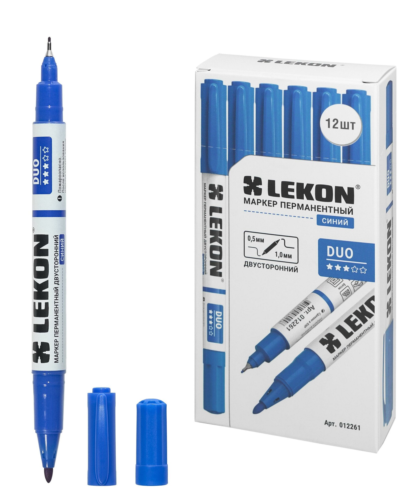 Маркер LEKON DUO 012261, перманентный, двухсторонний, синий, 12 штук