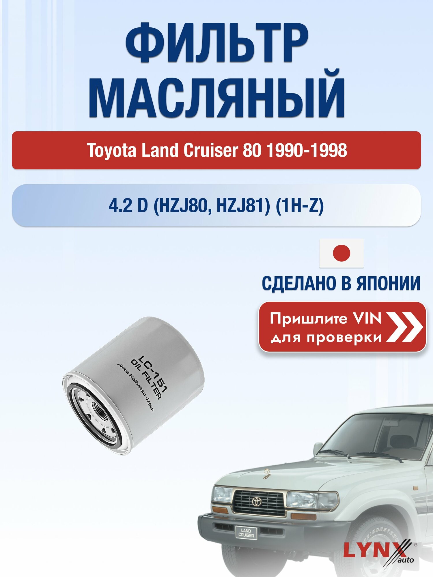 Масляный фильтр для Toyota Land Cruiser 80 1990-1998г. Двигатель 4.2 (1H-Z) LYNXauto Тойота Ленд Крузер