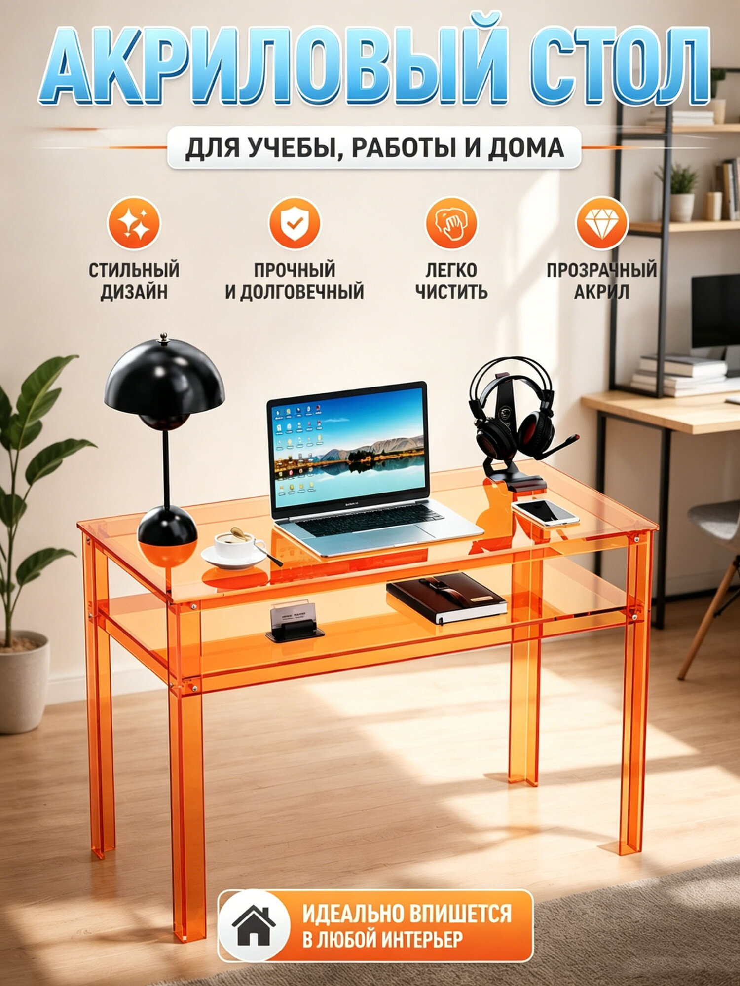 Акриловый письменный стол с открытым местом для хранения