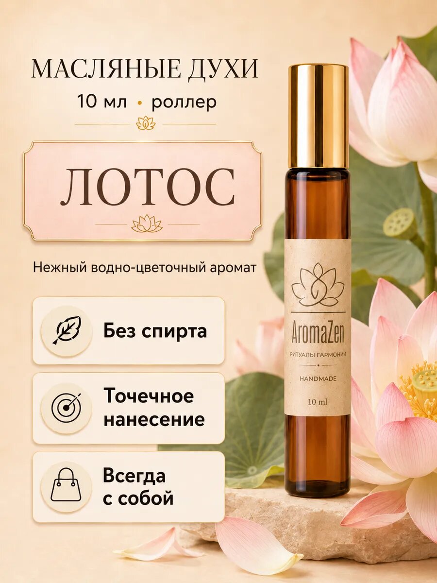 Масляные духи роллер "Цветок лотоса", женские, без спирта, шариковые, 10 мл