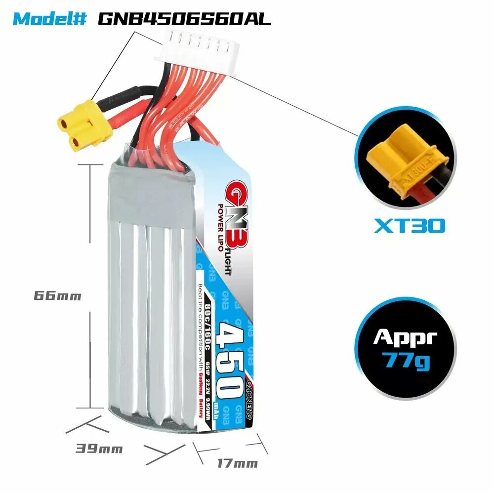 GAONENG GNB 450mAh 2S 7.4V 3S 11.1V 4S 14.8V 6S 22.2V 80C/160C XT30 Long Type Lipo Battery Аксессуары для игрушечных машин