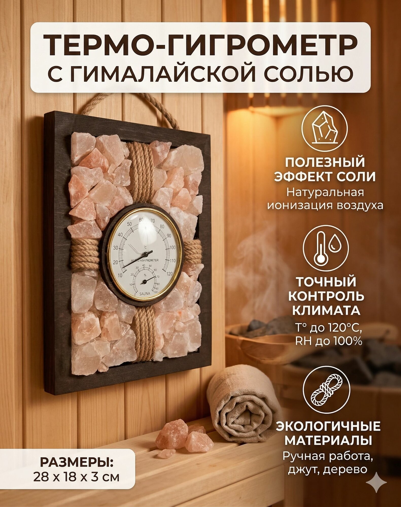 Панно из гималайской соли с термометром и гигрометром