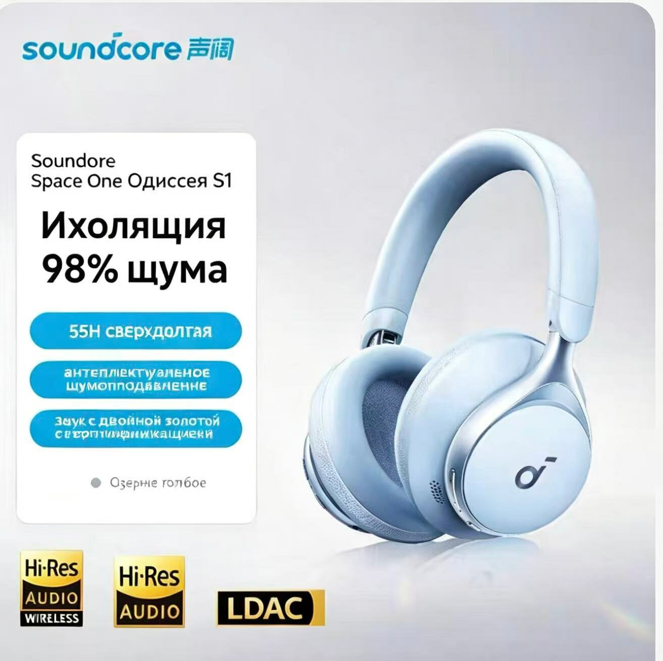 Беспроводные наушники Anker Soundcore Space One, полноразмерные, с шумоподавлением, синий
