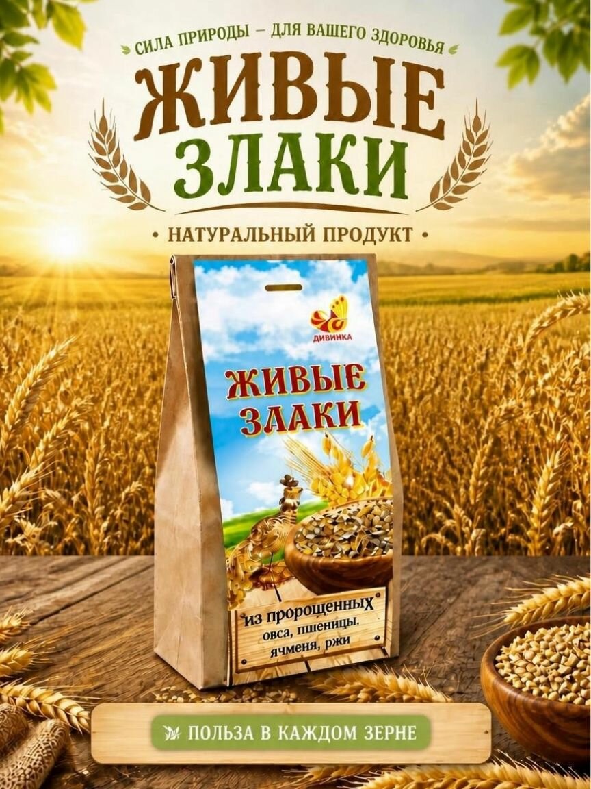 Хлопья Дивинка живые злаки из овса, пшеницы, ячменя, ржи , 300 гр