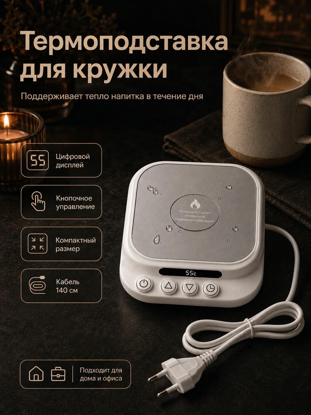 Подогреватель для кружки (подставка) электрический с дисплеем, 44 Вт, 7 режимов, евровилка для офиса для дома