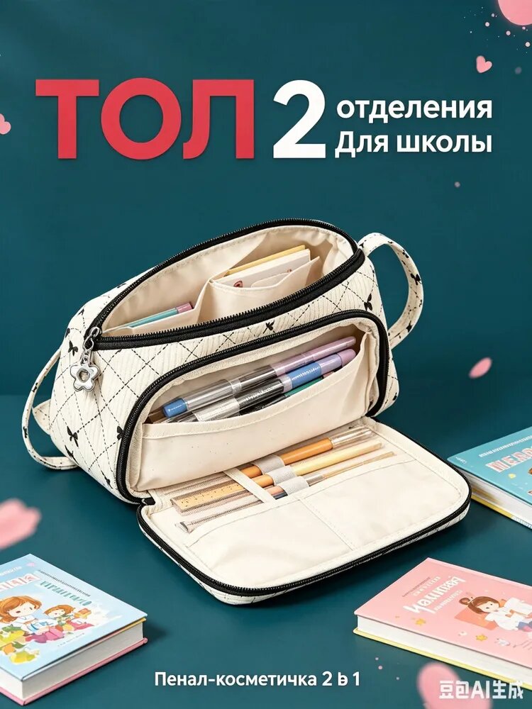 Косметичка-органайзер и пенал школьный для девочек, светло-бежевый