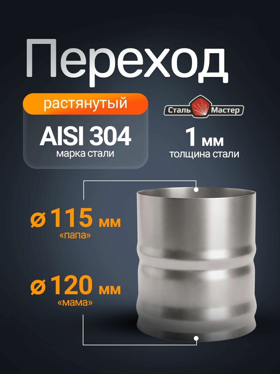 Переход дымохода с 120 (+) на 115 (-), адаптер из нержавейки 1 мм AISI 304