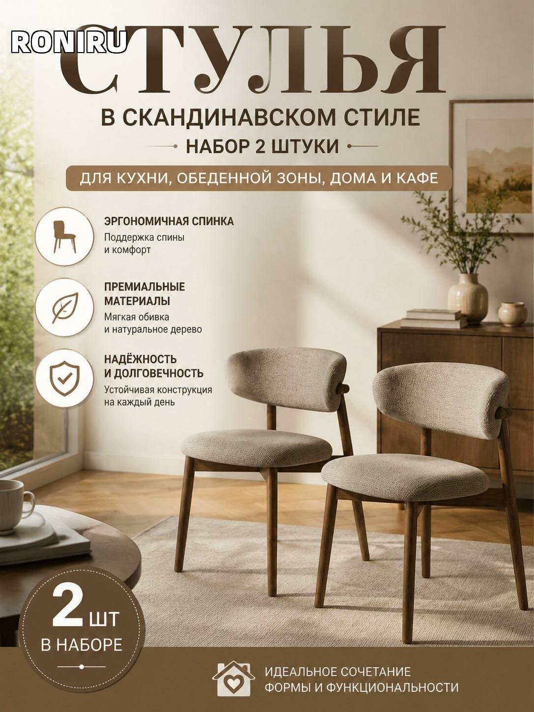 Стул для кухни и обеденной зоны мид‑сенчури с мягкой обивкой на деревянном каркасе — универсальный для дома и кафе